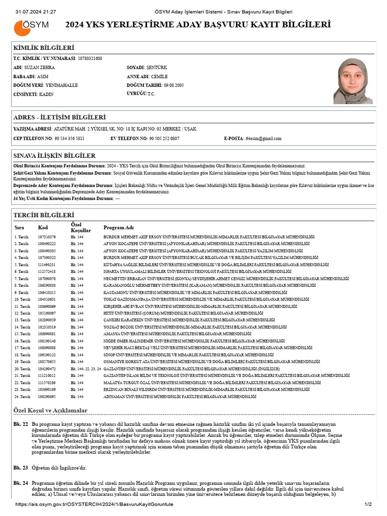 ÖSYM Aday İşlemleri Sistemi - Sınav Başvuru Kayıt Bilgileri 24 Zehra | PDF