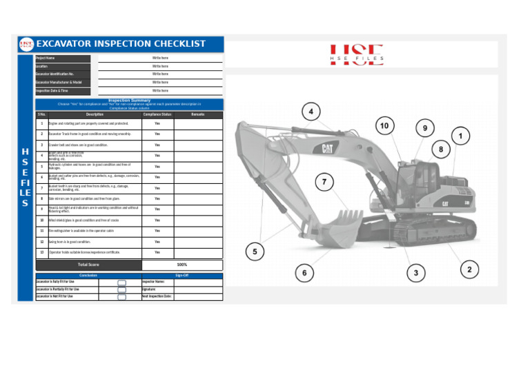 Excavator Inspection Checklist | PDF | Manufactured Goods | Equipment