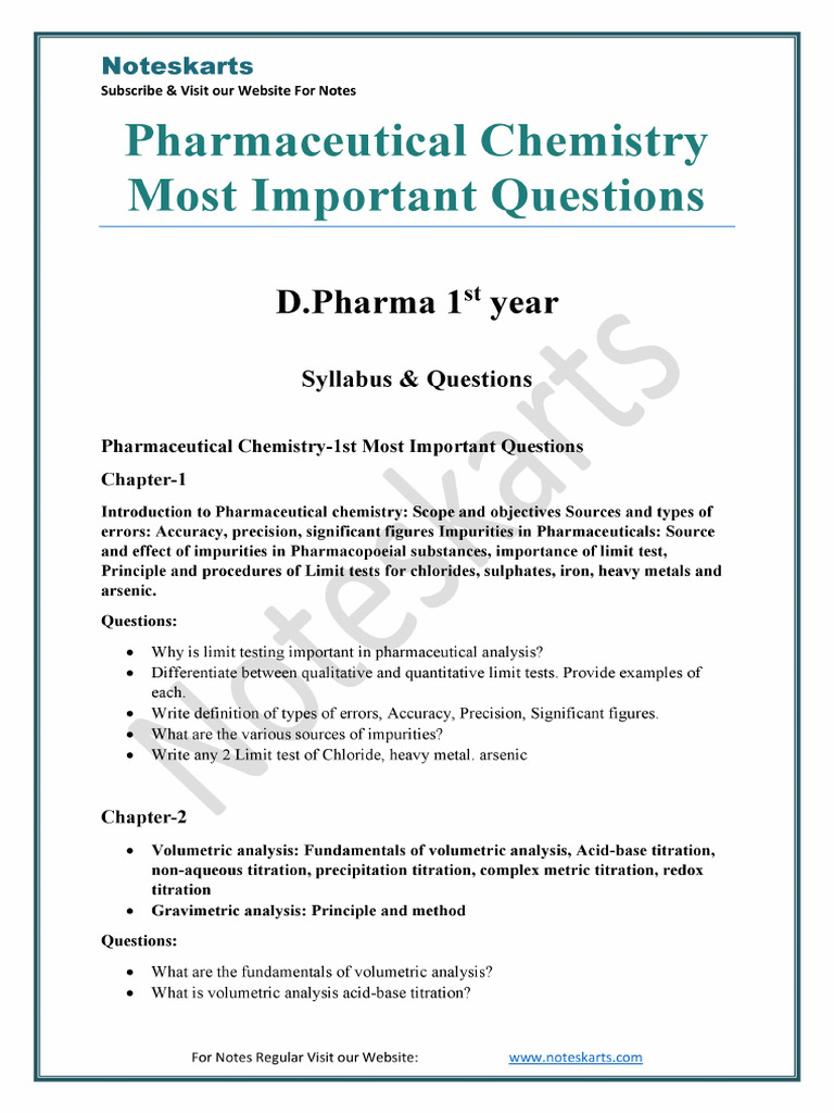 Pharmaceutical Chemistry Most Important Questions Dpharmacy 1st Year | PDF