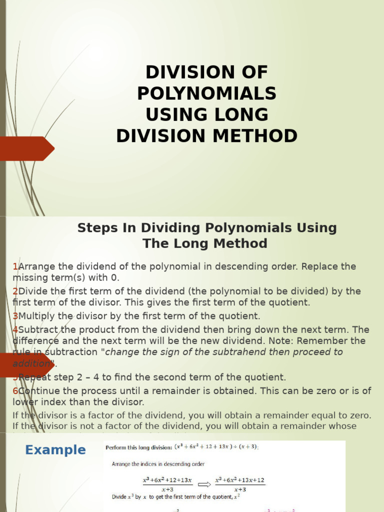 Long Division of Polynomials Guide | PDF