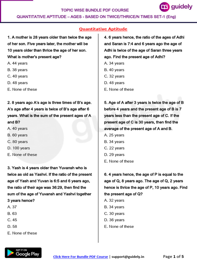 Topic Wise Bundle PDF Course Quantitative Aptitude Ages - Based On Twice/Thrice/N Times Set-1 ...
