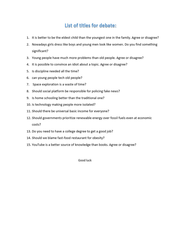 List of Titles For Debate | PDF | Social Science | Lifestyle