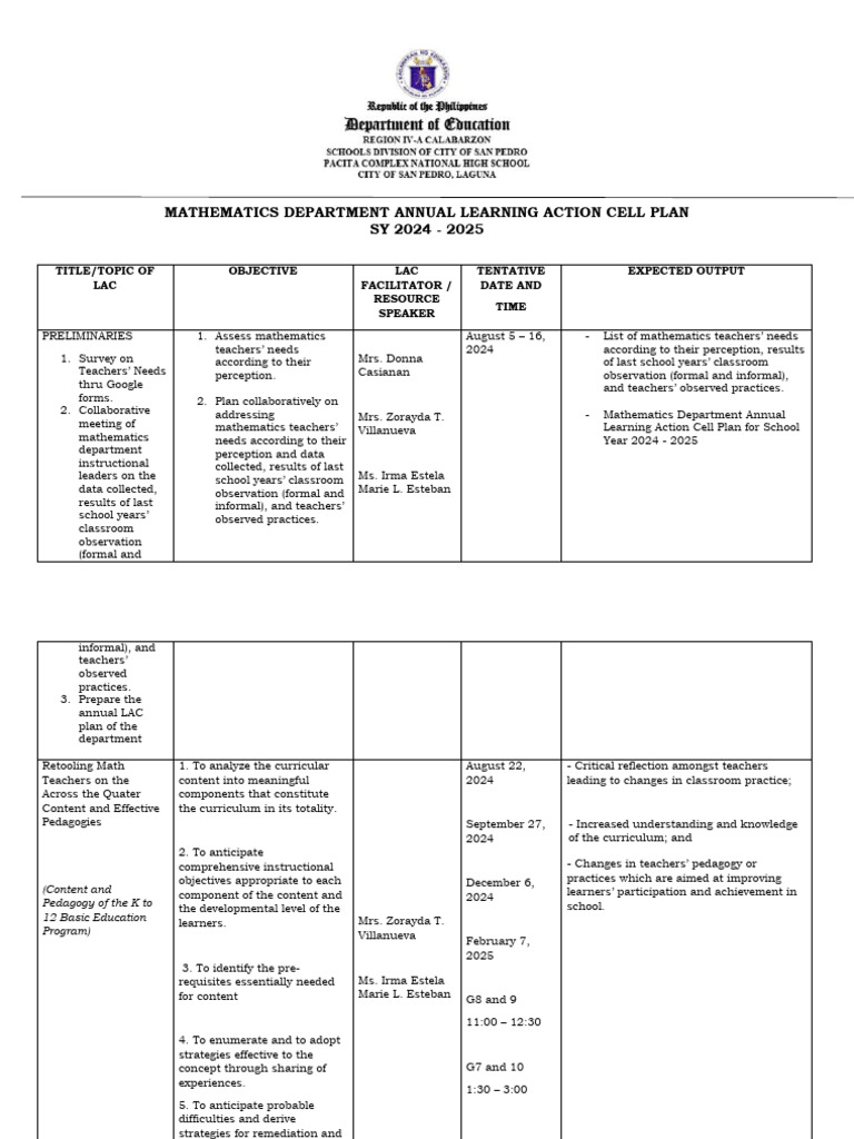 Mathematics Department Annual Learning Action Cell Plan | PDF ...