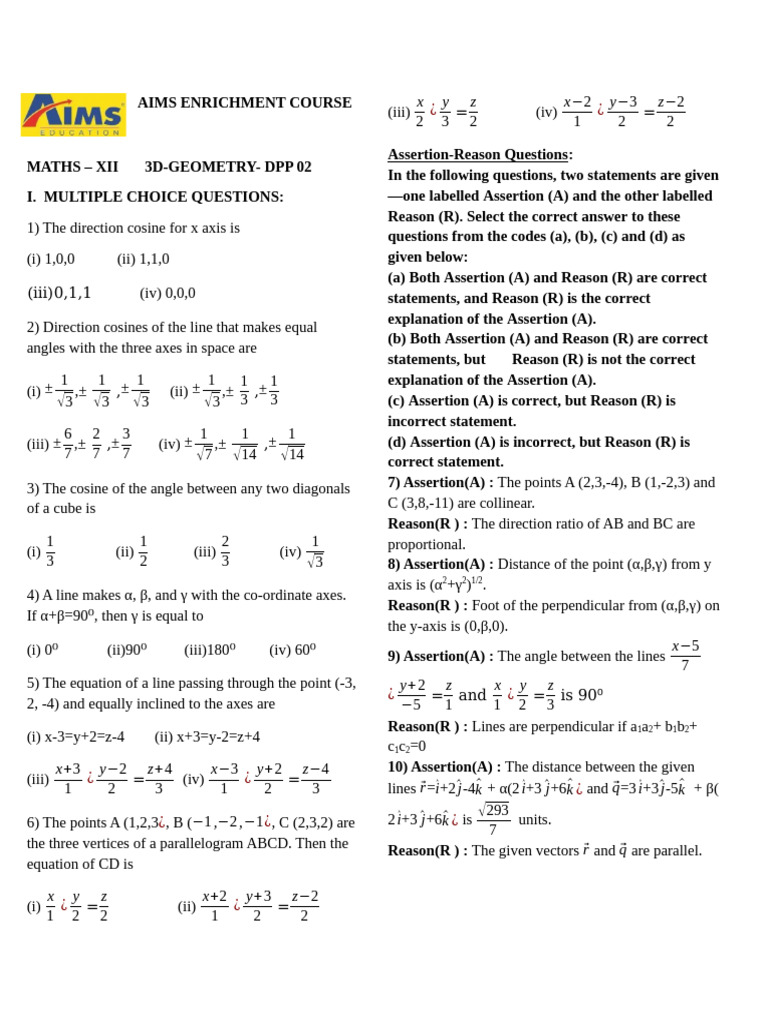 DPP - 3D GEOMETRY-02 | PDF | Euclidean Vector | Angle