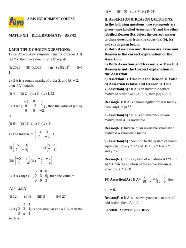 XII-DPP-DETERMINANTS-02 | PDF | Mathematical Analysis | Mathematical Physics