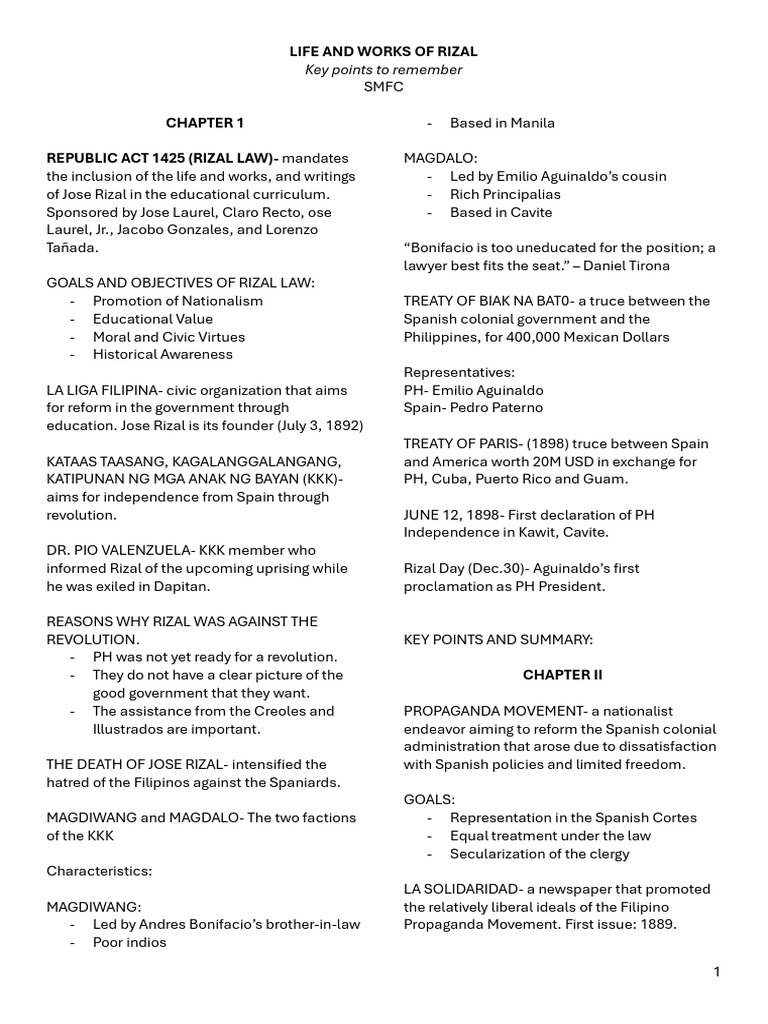 Life and Works of Rizal Key Points | PDF | Philippines | Spanish East ...