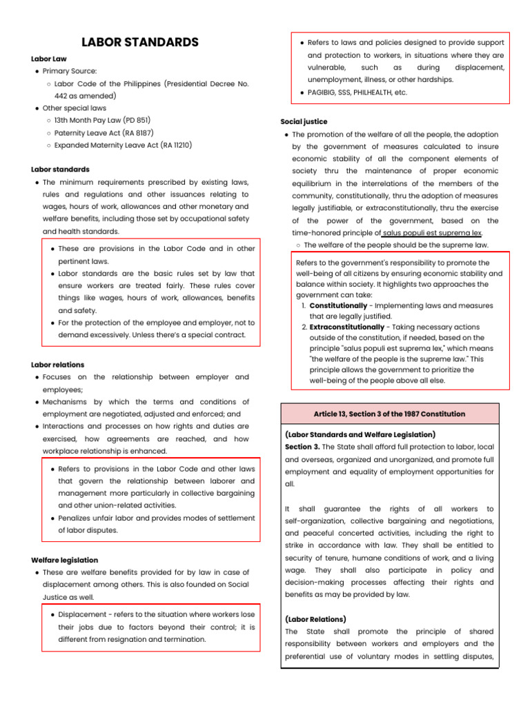 Philippine Labor Standards Overview | PDF | Employment | Labour Law
