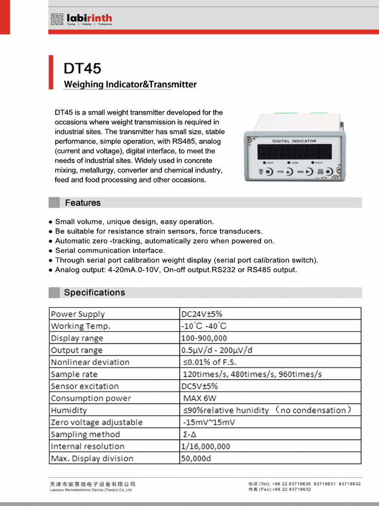 DT45 Weight Transmitter Overview | PDF
