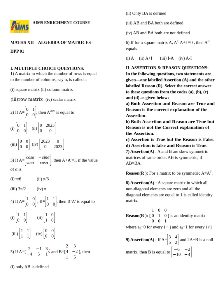 Algebra of Matrices: MCQs & Exercises | PDF | Matrix (Mathematics ...