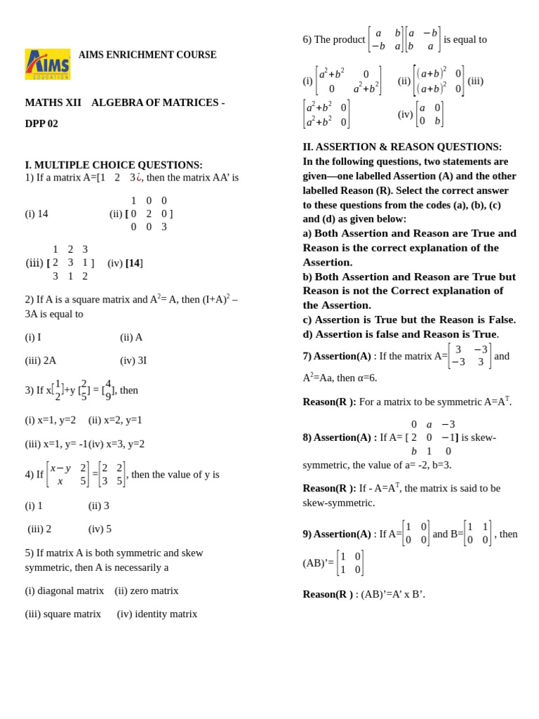Xii DPP Algebra of Matrices 02 | PDF | Matrix (Mathematics ...