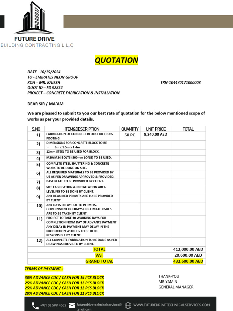 Concrete Fabrication Quotation for Emirates | PDF