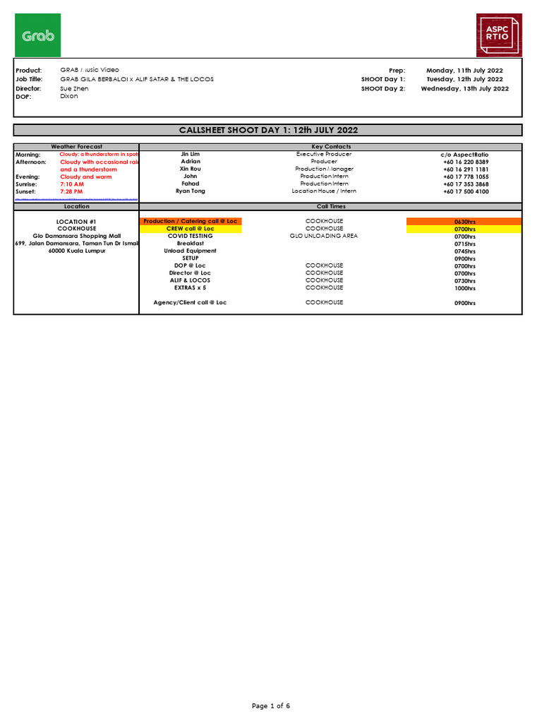 DAY 1 REV Aspect Ratio Grab MV 2022 - Shoot - Schedule - v2 - 10jul | PDF