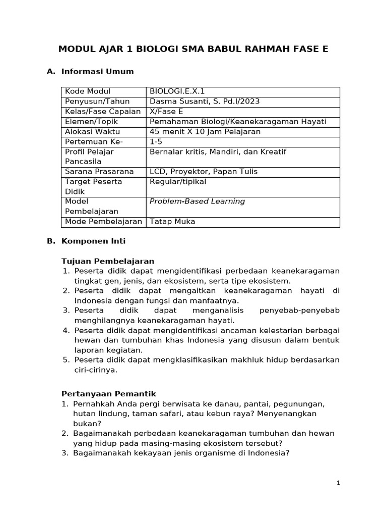 Modul Ajar Ipa Biologi Sma Kelas X Bab 1 | PDF | Karier & Perkembangan | Griya & Taman