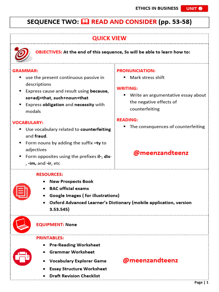 Unit 2 - Corruption - Sequence Two Lesson plan - 2018-2019 | PDF | Counterfeit | Linguistics