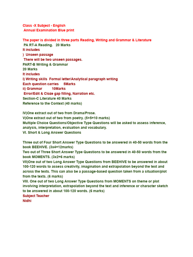 Class 10 English Exam Blueprint 2024 | PDF