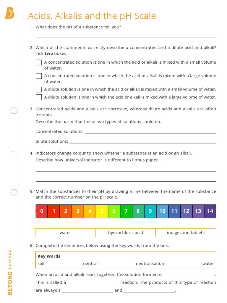 Acids, Alkalis and The PH Scale Worksheet Support | PDF