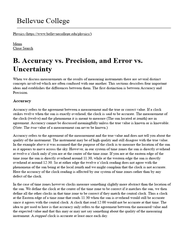 B. Accuracy vs. Precision, and Error vs. Uncertainty - Physics | PDF ...