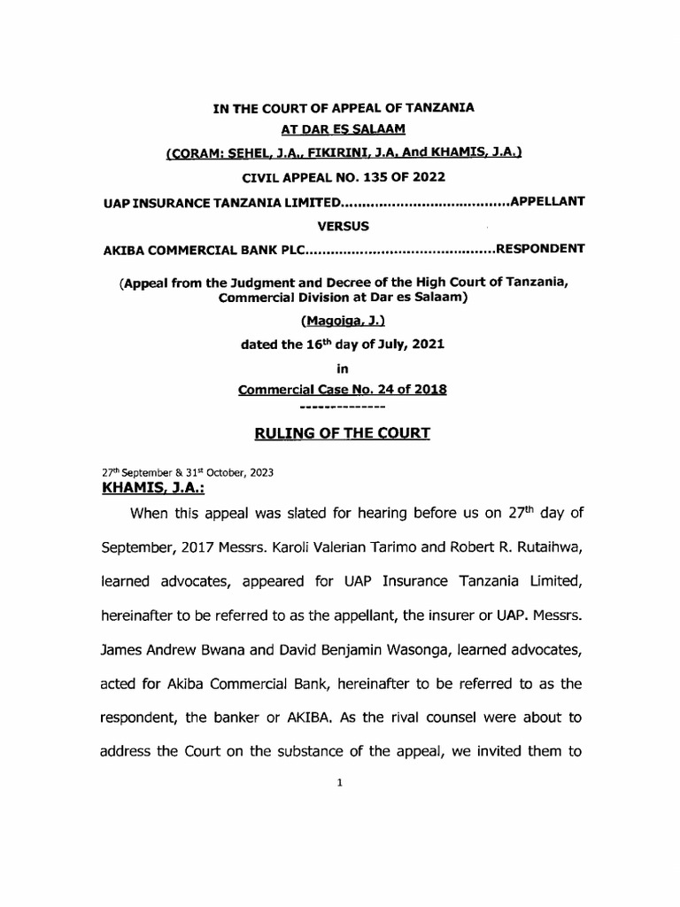 UAP Insurance Tanzania Limited Vs AKIBA Commercial Bank PLC (Civil ...