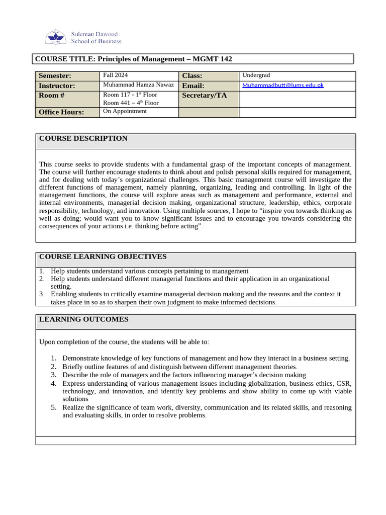 Course Outline - Principles of Management - MGMT 142 - Fall 2024 - M ...