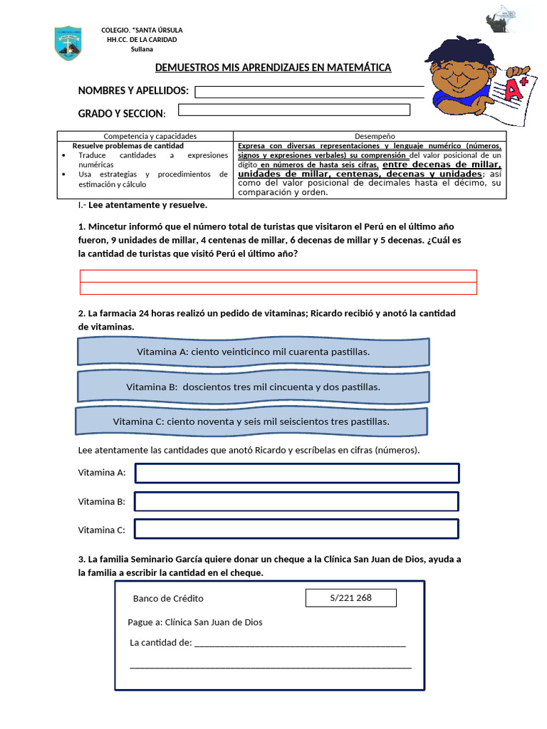 Evaluación Diagnóstica de Matemática 5° Grado de Primaria | PDF ...