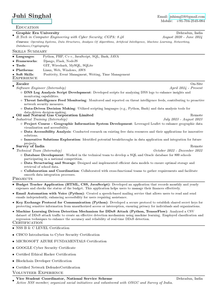 Juhi Singhal Resume | PDF | Computer Security | Security