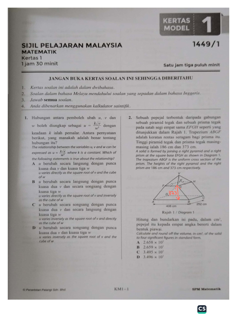 Kertas Model Matematik SPM 1 | PDF