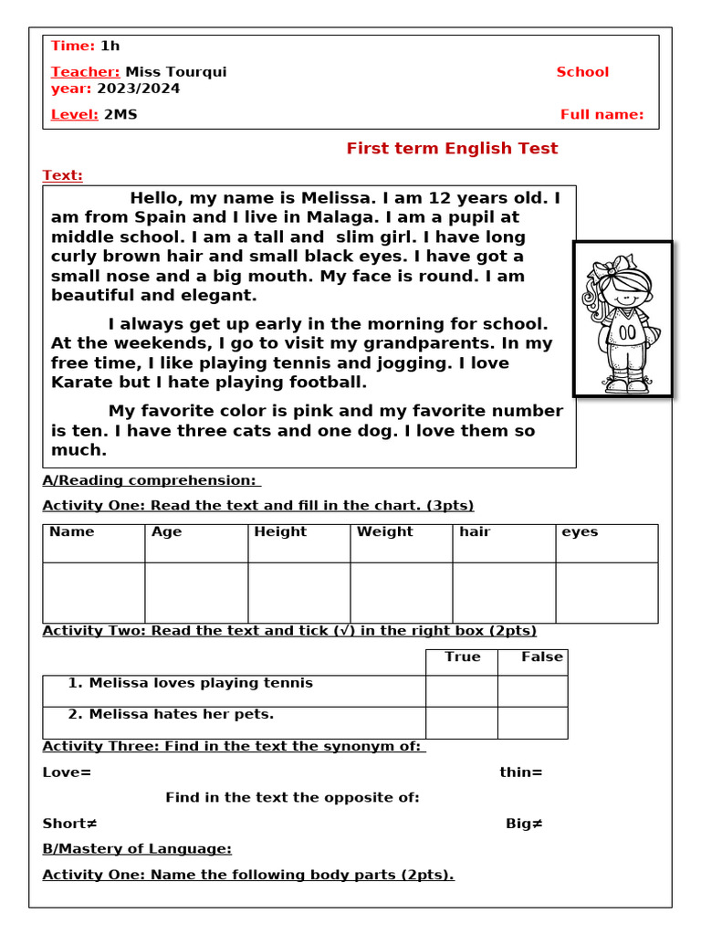First Term English Test Overview | PDF | Linguistics