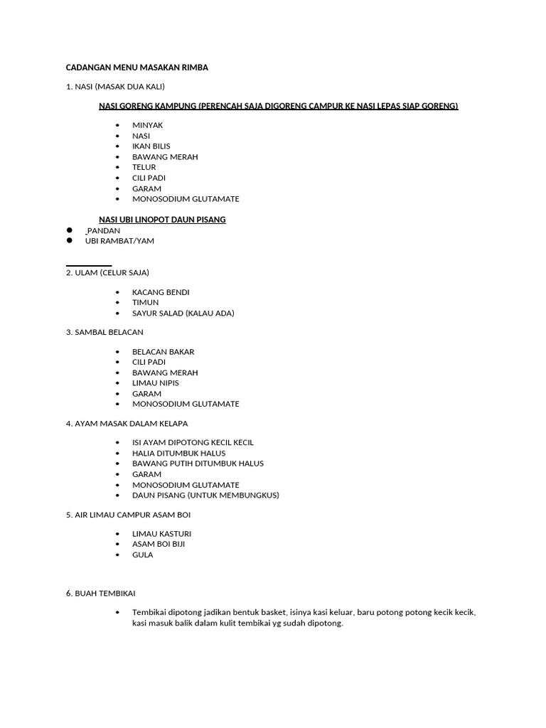 CADANGAN MENU MASAKAN RIMBA | PDF
