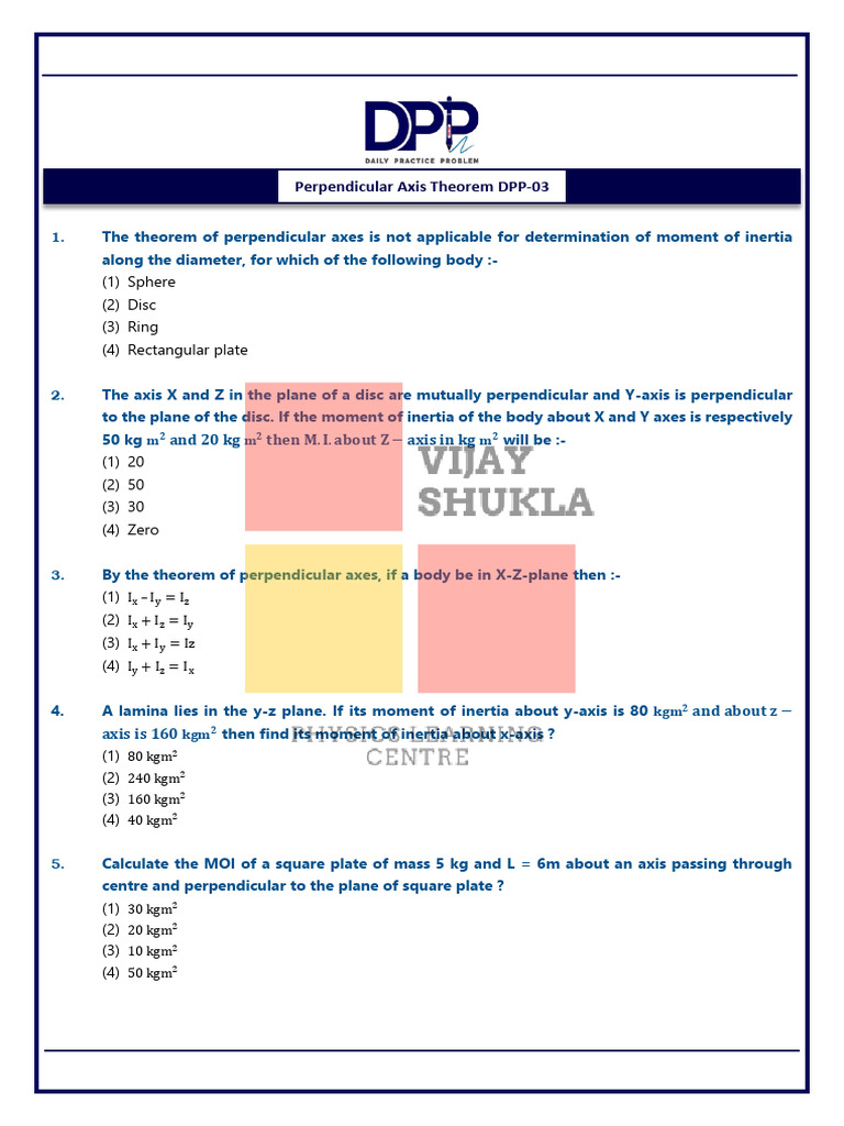 Perpendicular Axis Theorem Dpp 3 Pdf Cartesian Coordinate System Perpendicular