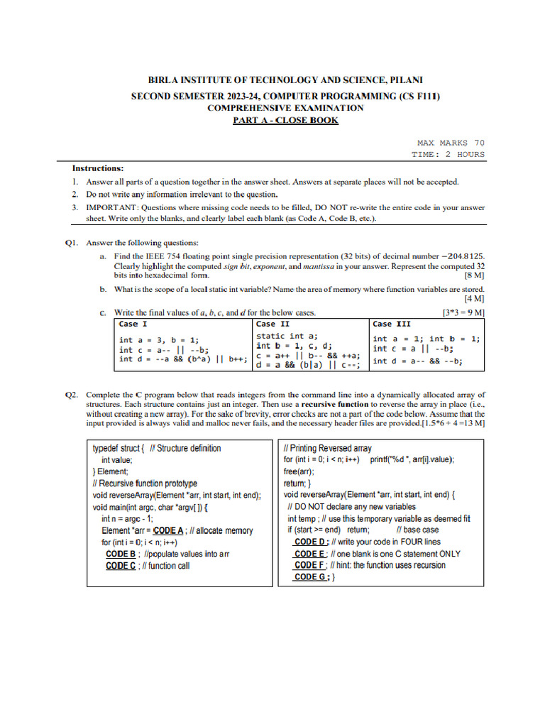 1158 CS F111 20240617035212 Comprehensive Exam Question Paper | PDF