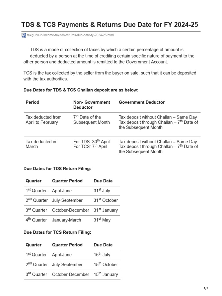 TDS TCS Payments Returns Due Date For FY 2024-25 | PDF | Interest | Taxes