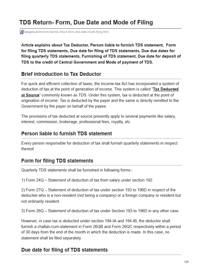 TDS Return - Form Due Date and Mode of Filing | PDF | Public Finance ...