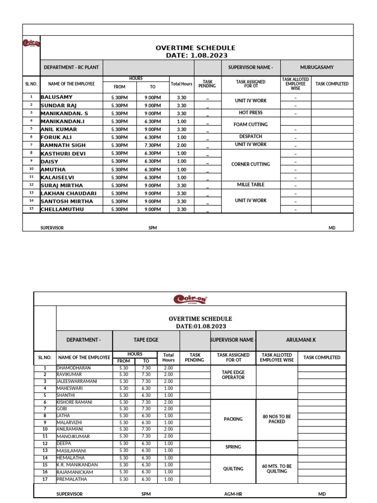 Overtime Schedule 07.08.2023 | PDF