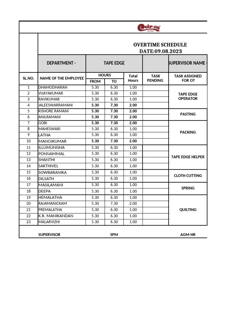 Overtime Schedule 09.08.2023 | PDF