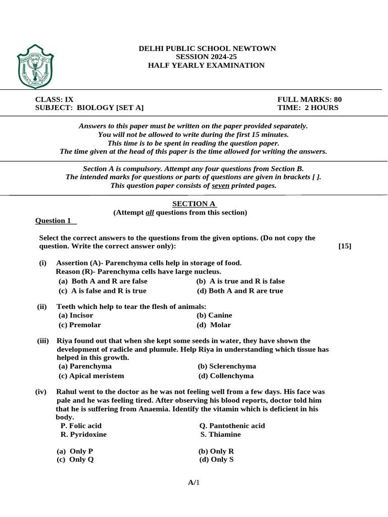 Class IX Biology HYE 2024-2025 Set A | PDF | Fertilisation | Plants