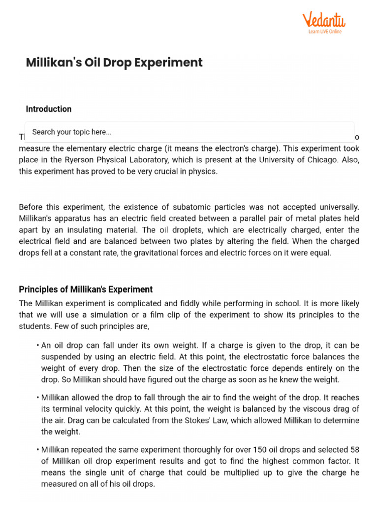 Millikan's Oil Drop Experiment | PDF