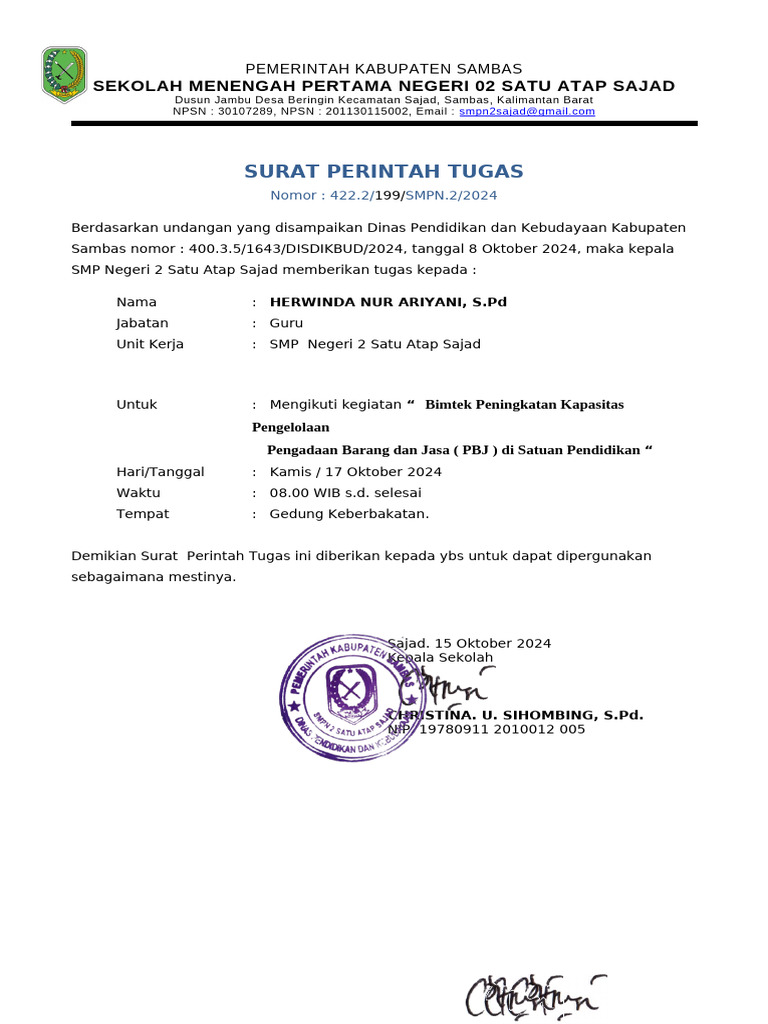 Surat Tugas Bimtek SMPN 2 Sajad | PDF