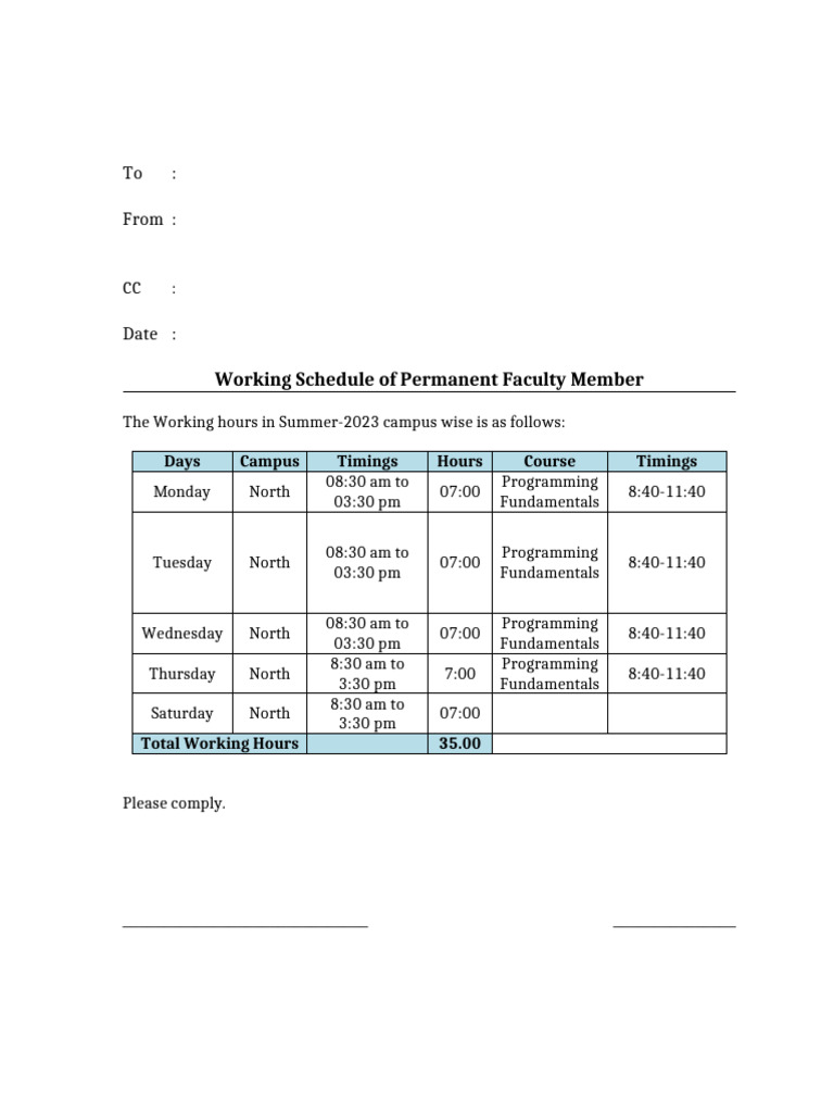 Working Schedule sample | PDF
