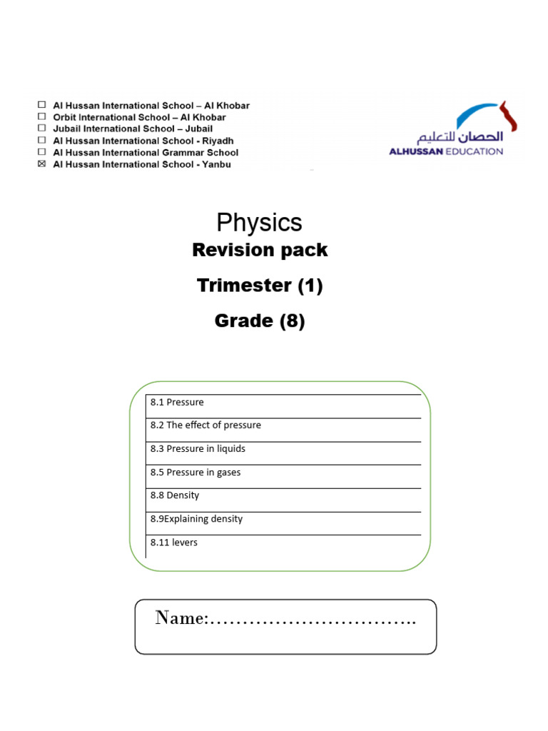 Physics: Revision Pack Trimester (1) Grade | PDF | Teaching Methods ...