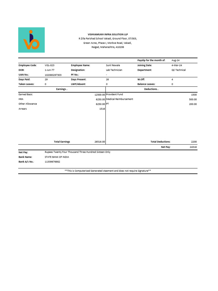 August 2024 Payslip for Sunil Rewale | PDF