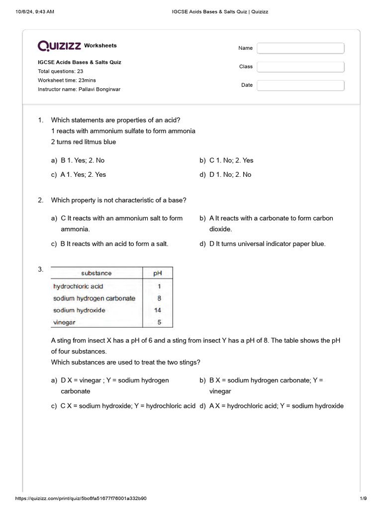 IGCSE Acids Bases & Salts Quiz Answer Quizizz | PDF | Acid | Sodium ...