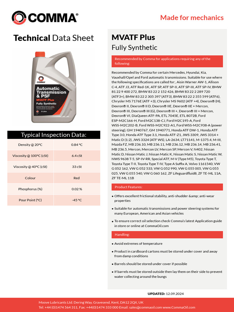 Technical Data Sheet Mvatf Plus | PDF | Automotive Industry | Motor Vehicle