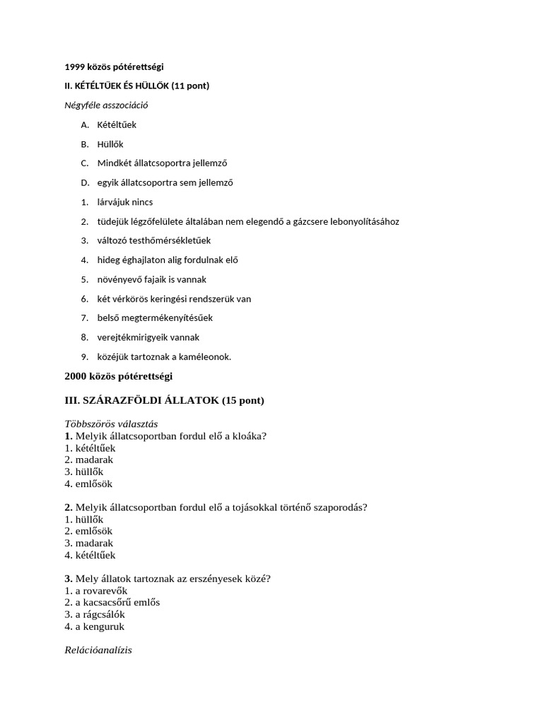 Érettségi Feladatok Gerincesek | PDF