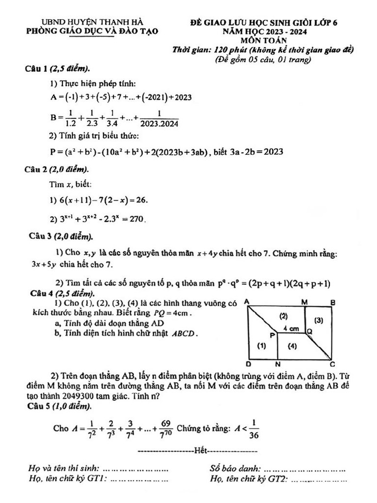 De Giao Luu HSG Toan 6 Nam 2023 2024 Phong GDDT Thanh Ha Hai Duong | PDF