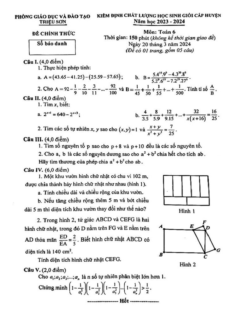De Hoc Sinh Gioi Toan 6 Nam 2023 2024 Phong GDDT Trieu Son Thanh Hoa | PDF