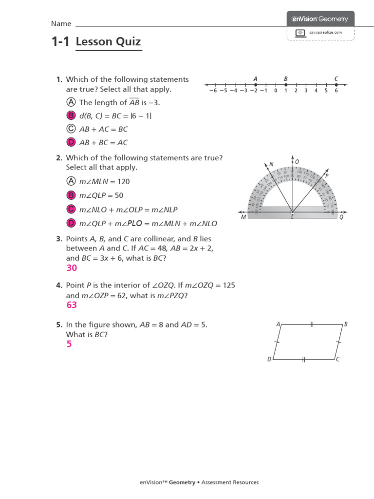 1-1 - Lesson Quiz - Answer Key | PDF | Geometry | Mathematics