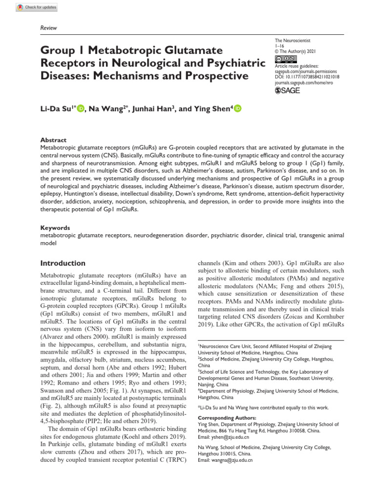 Group 1 Metabotropic Glutamate Receptors in Neurological and ...