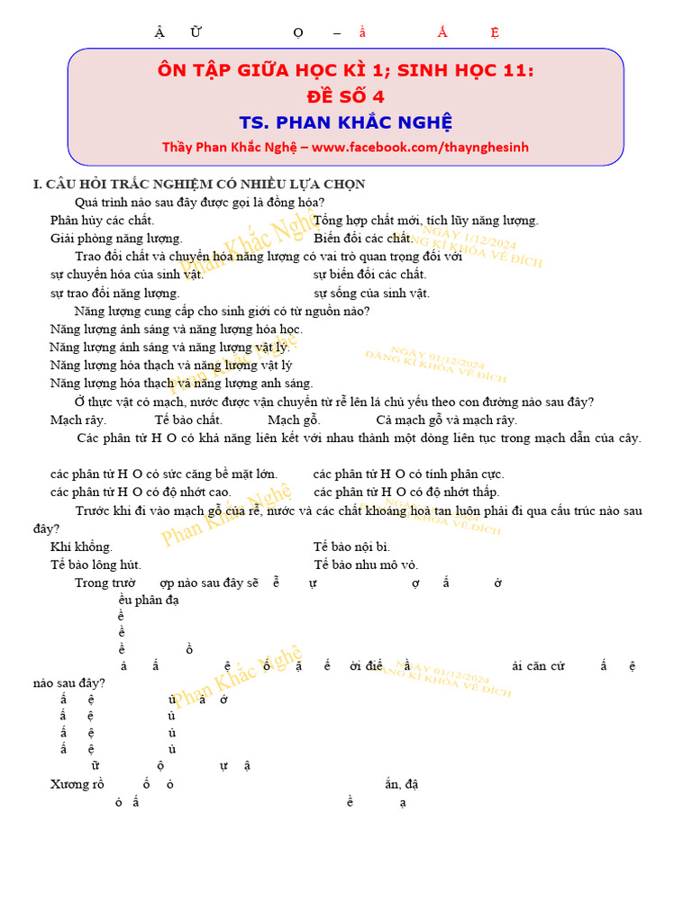 ÔNT PGI AH C Kì 1 Sinh H C 11: S 4: Ts. Phan KH C NGH | PDF