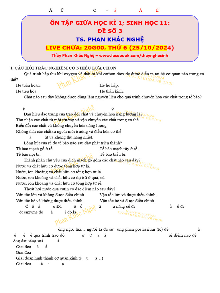 ÔNT PGI AH C Kì 1 Sinh H C 11: S 3 Live CH A: 20G00, TH 6 (25/10/2024) | PDF