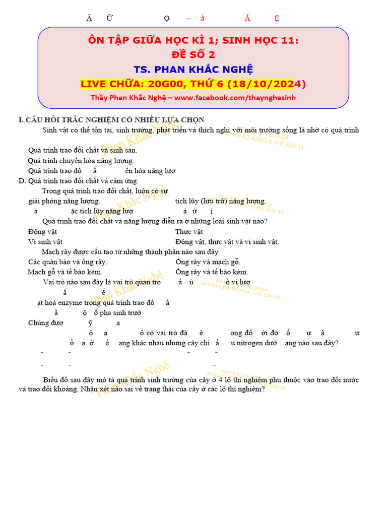 ÔNT PGI AH C Kì 1 Sinh H C 11: S 2 Live CH A: 20G00, TH 6 (18/10/2024) | PDF